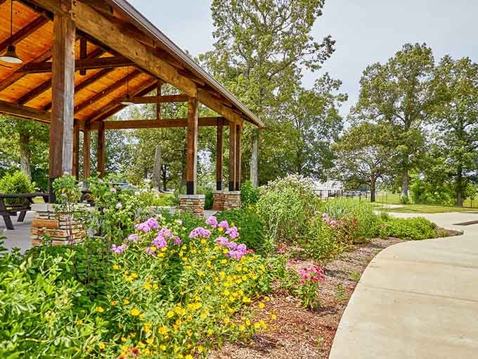 That picnic shelter with blooming flowers practically begs you to pack a lunch and pretend you're retired already.