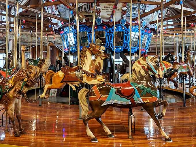 Hand-carved carousel horses gleaming like edible gold, because sometimes the best rides don't require seat belts or speed.