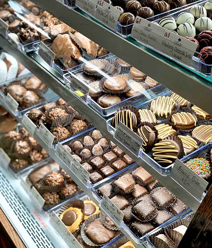 This chocolate display case is basically a museum of deliciousness, except you're encouraged to take the exhibits home with you.