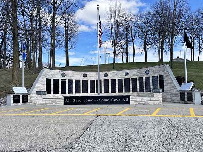 The Veterans Memorial stands proud, reminding us that some gave all while we're busy complaining about Wi-Fi speeds.