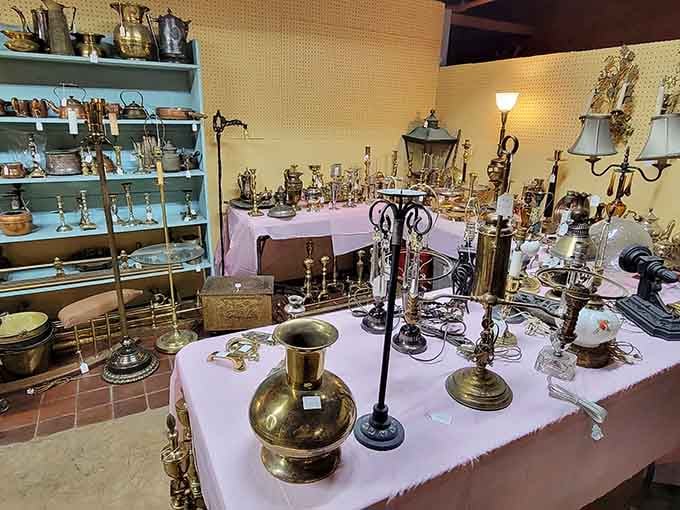 Brass, copper, and candlesticks galore, like a metallic symphony composed specifically for your dining room table dreams.
