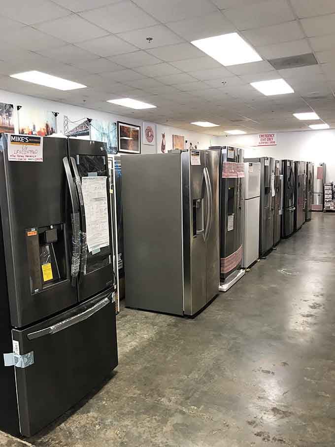 A lineup of refrigerators that would make any appliance store jealous, all waiting to keep your groceries cold affordably.