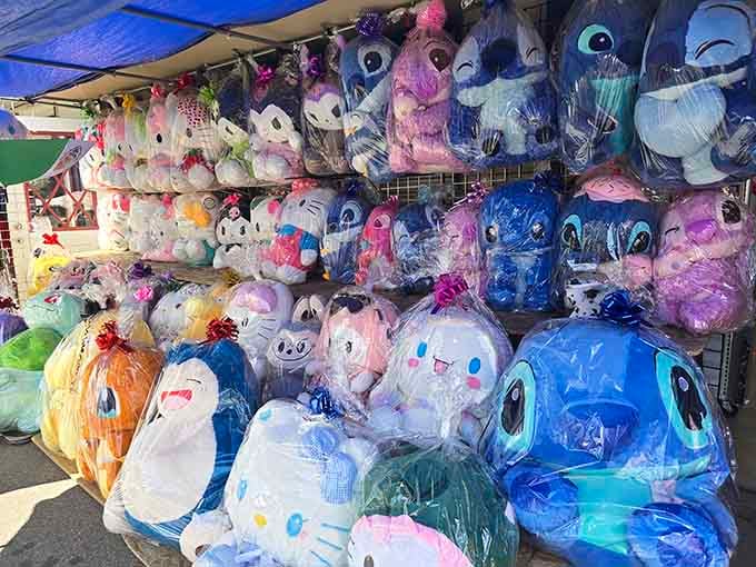 Plush toys in every color imaginable, ready to become someone's new best friend or couch companion.