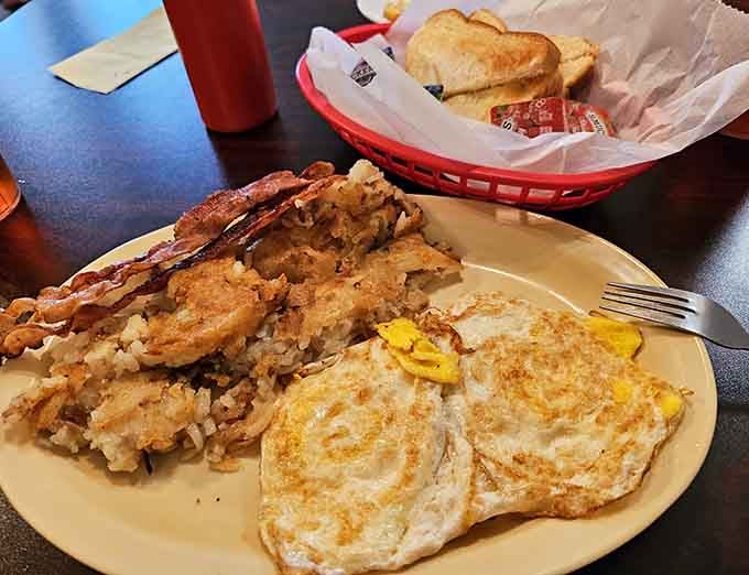 Bacon so crispy it shatters, eggs cooked just right, and hash browns golden enough to make you weep.