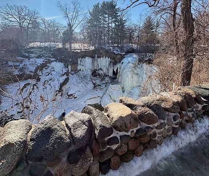 Winter transforms the falls into an ice palace that would make Elsa pack up and move to Minnesota.
