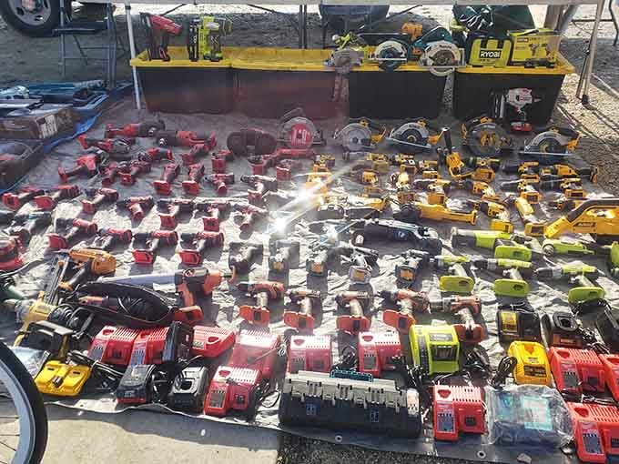 Power tools lined up like a hardware store exploded in the best possible way, making Tim Allen grunt approvingly somewhere.