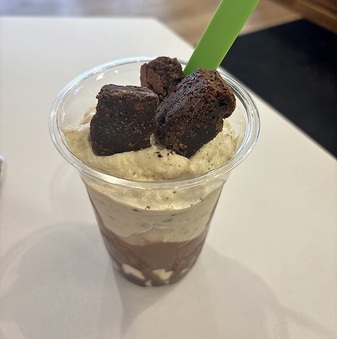 Brownie chunks nestled in creamy layers create a sundae that'll make you forget what dairy even tastes like.