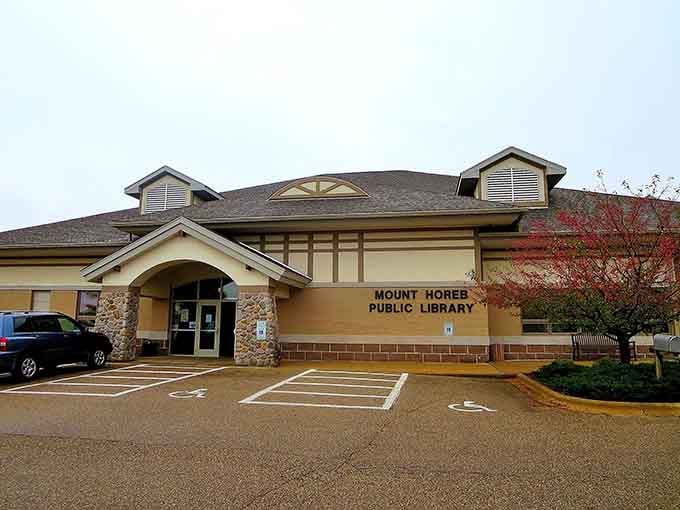 The Mount Horeb Public Library welcomes readers with architectural charm that makes checking out books feel downright elegant.