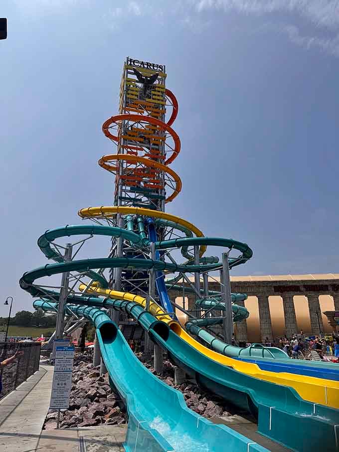 That towering outdoor slide structure visible for miles, basically Wisconsin Dells' way of saying "challenge accepted" to the sky.