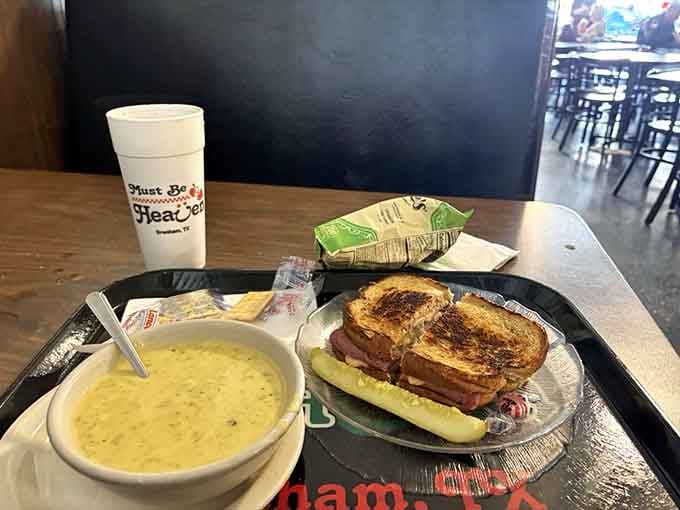 That Reuben paired with broccoli cheese proves they take the savory stuff as seriously as the sweets.