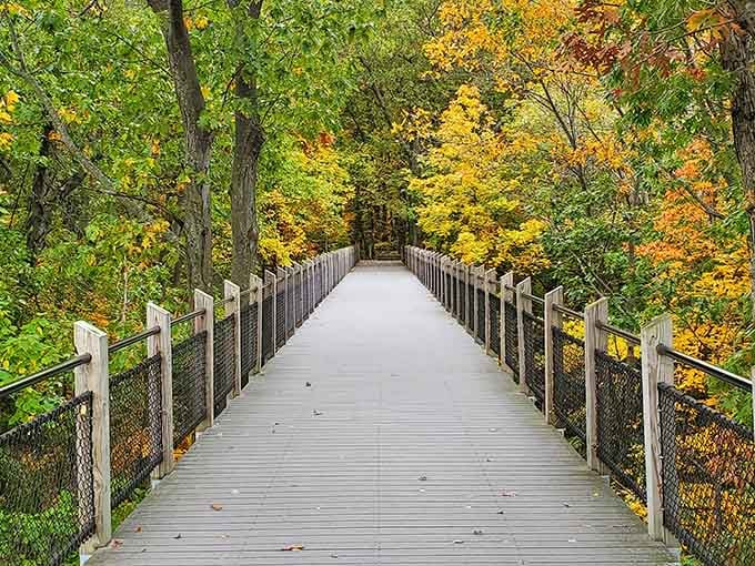 Fall colors frame this peaceful walkway, turning a simple stroll into something worth writing home about, literally.