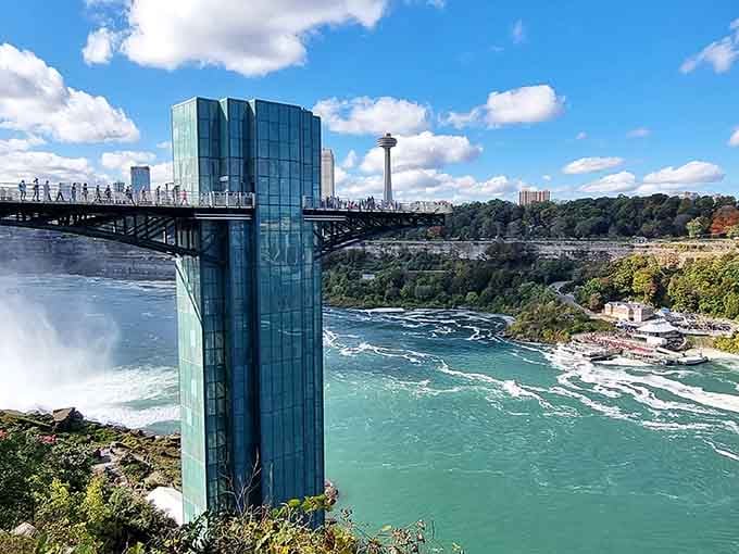 The observation tower offers panoramic perspectives of three waterfalls doing their eternal, magnificent thing below you.