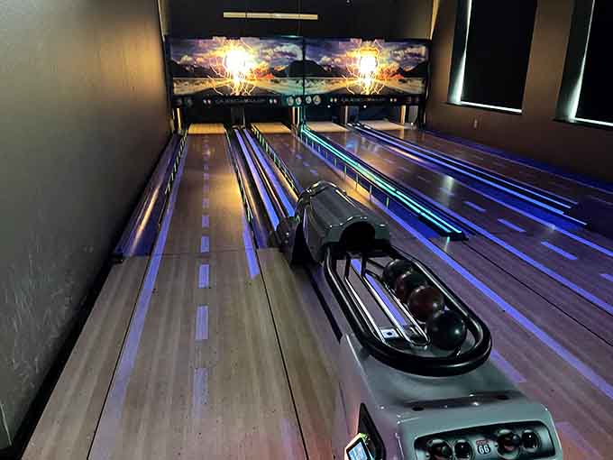 Bowling lanes glow with cosmic energy, making strikes feel like intergalactic victories worth celebrating loudly.