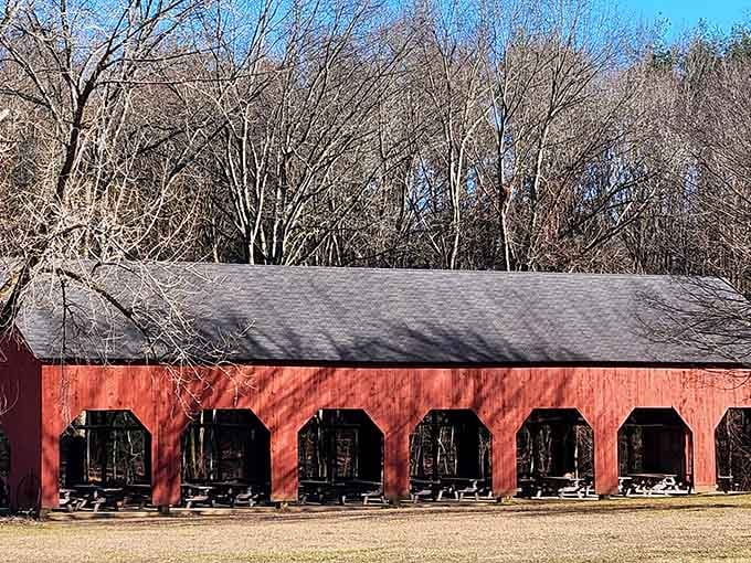 These picnic pavilions stand ready for your lunch break, offering shade and the promise of peaceful outdoor dining.