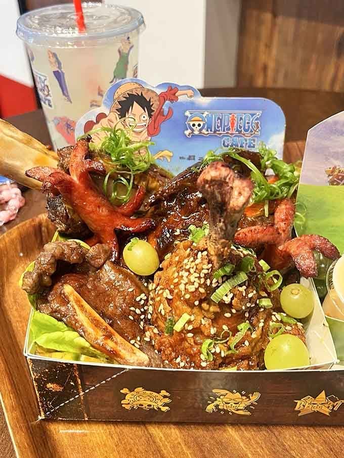 This towering meat platter looks like something Luffy would devour in three seconds flat, sesame seeds and all.