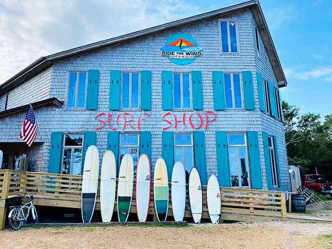 Ride The Wind Surf Shop's bright blue exterior matches the Carolina sky and the island's carefree spirit.