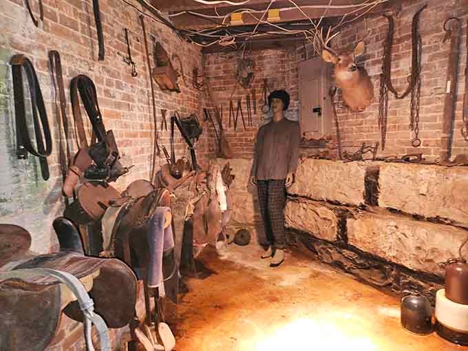 The basement tack room looks like Indiana Jones's storage unit met a 19th-century hunting lodge.