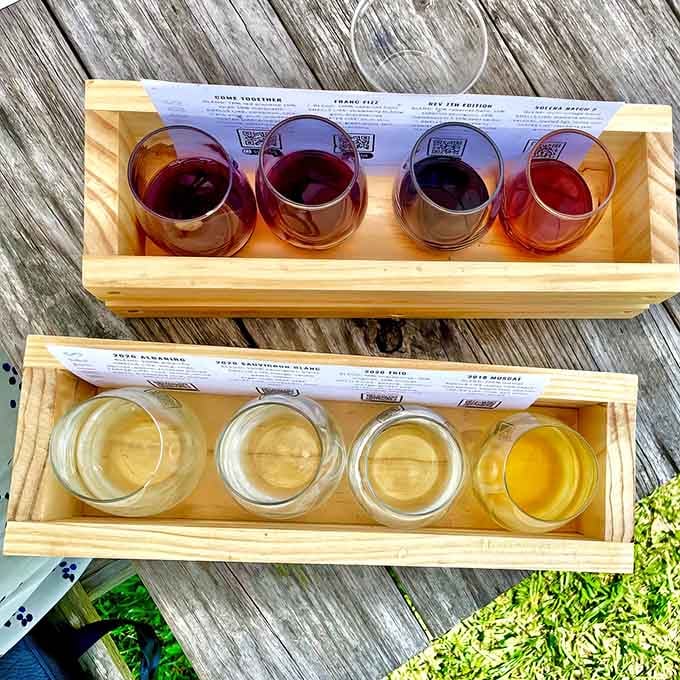 Red and white flights side by side, proving that choosing just one color is overrated anyway.