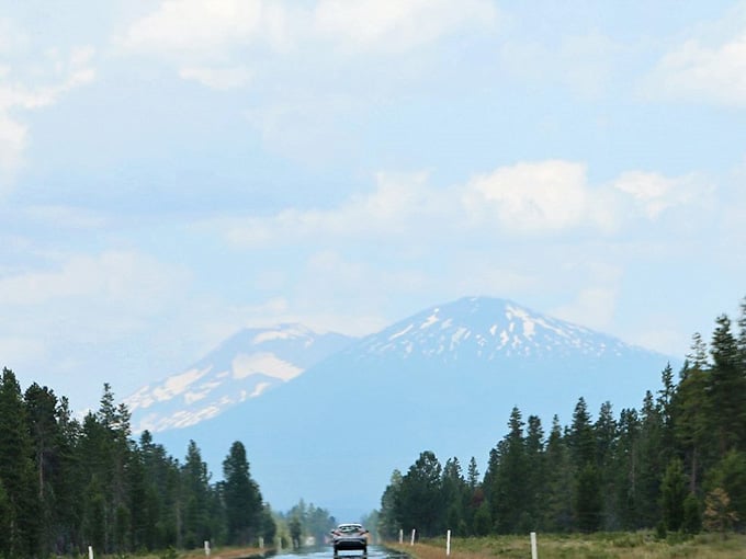 That's not a mirage, it's a snowy mountain reminding you that Oregon contains multitudes beyond the expected scenery.