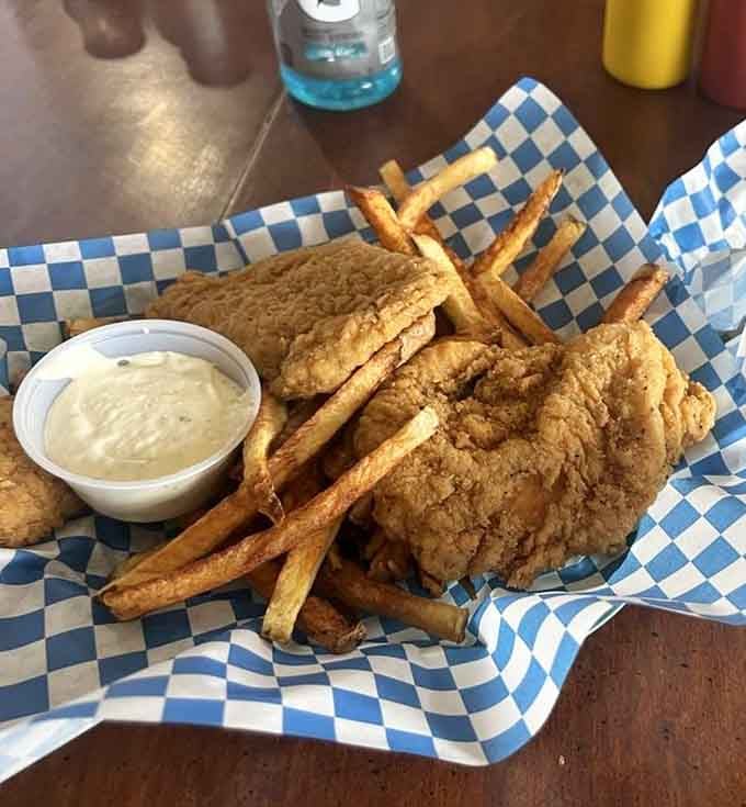 Golden, crispy chicken fingers that would make your grandmother proud, served with perfectly seasoned fries.
