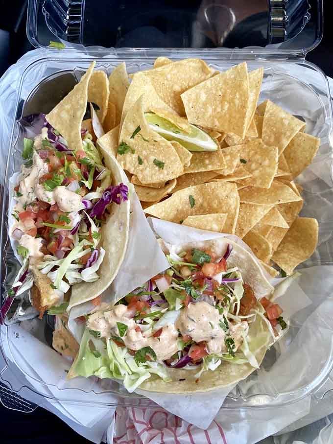 Fish tacos and chips: the dynamic duo that makes every beach day infinitely better somehow.