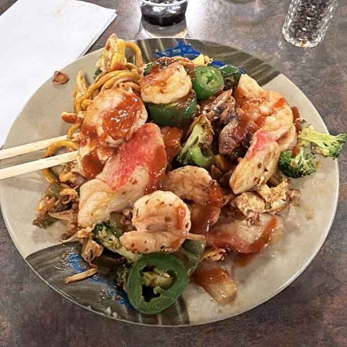 Mongolian BBQ loaded high with bacon-wrapped shrimp because sometimes more is exactly what the doctor ordered.