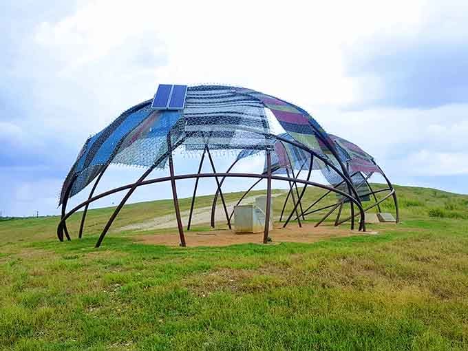 This artistic dome shelter looks like it landed from a sci-fi movie set, providing shade with serious style.