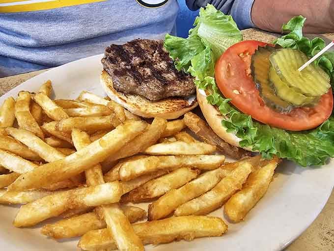 A burger this beautifully charred with golden fries is exactly what highway food should be but so rarely is.