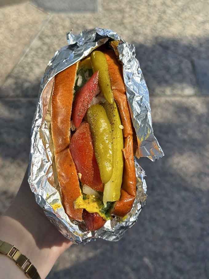 Loaded with peppers and pickles, this Chicago-style beauty is almost too pretty to eat, but you'll manage somehow.