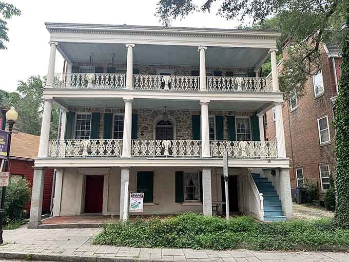 The Gerry House shows off ornate ironwork balconies that would make New Orleans jealous of our little Maryland secret.