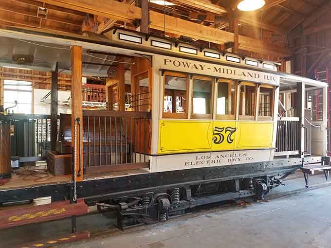 Inside the barn, vintage streetcar number 57 waits patiently, looking sharp in its Los Angeles Electric Railway livery.