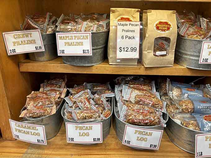 Maple pecan pralines and pecan logs lined up like edible treasure waiting to be discovered and devoured.