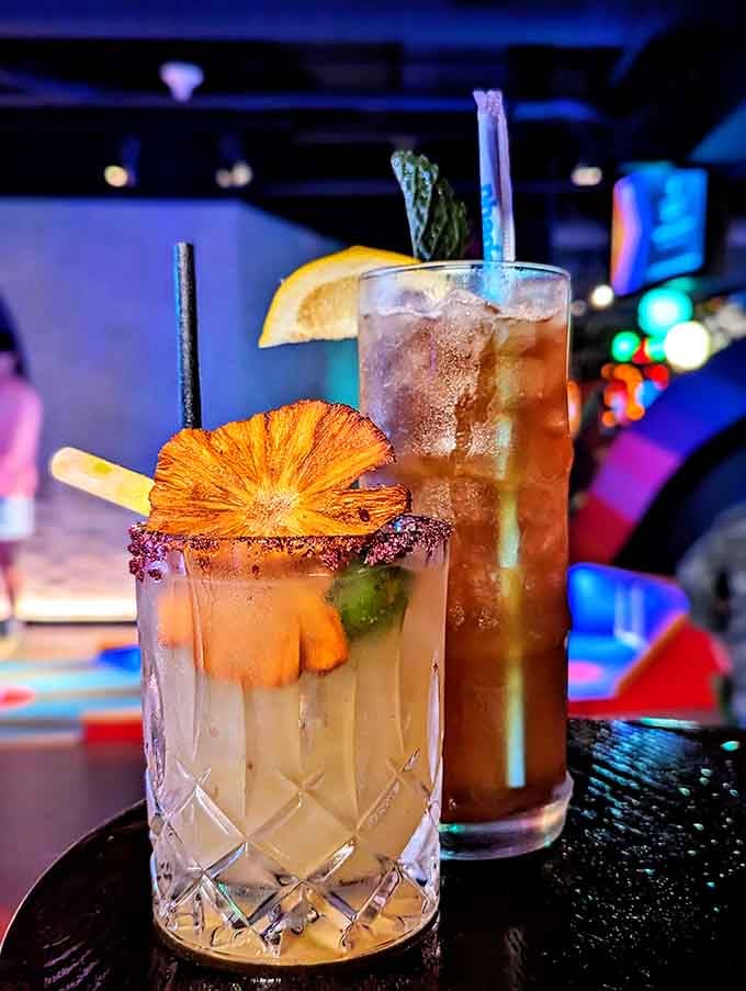 These cocktails arrive looking like they belong on a tropical island, not next to a putting green.