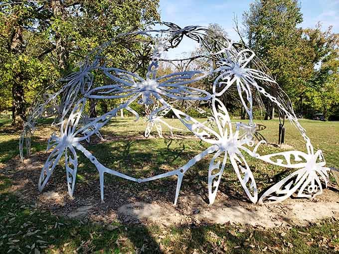 Delicate metal blooms form a wreath that brings new meaning to stopping and smelling the roses.