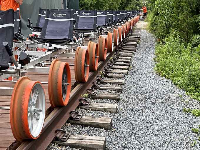 Those orange wheels aren't just for show, they're your ticket to gliding smoothly where locomotives once rumbled.