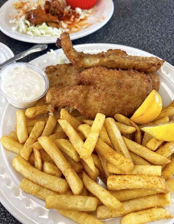 Golden-fried fish with a mountain of fries proves that some classics never go out of style.