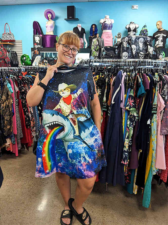When you find a dress featuring cats, space, and rainbows, you've basically won at thrift shopping forever.