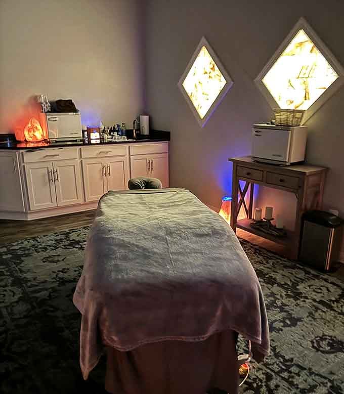 Diamond-shaped light fixtures add unexpected elegance to this massage sanctuary. Very zen, very nice.