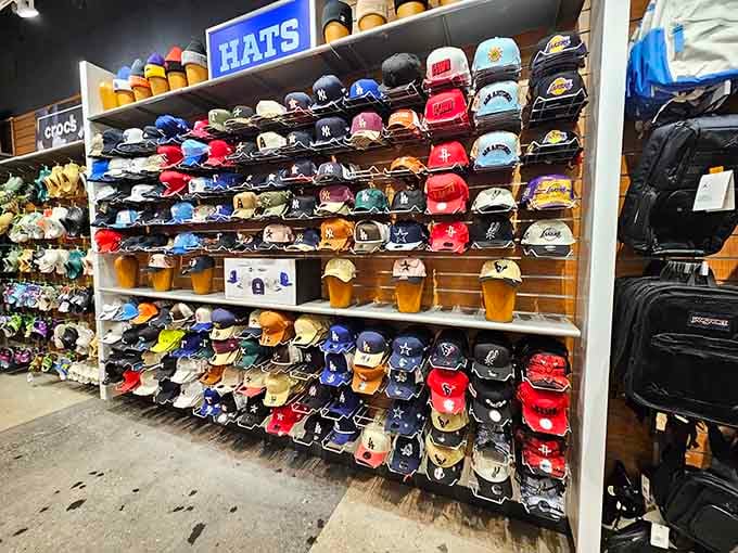 Baseball caps stacked high enough to outfit an entire Little League, plus their parents and grandparents too.