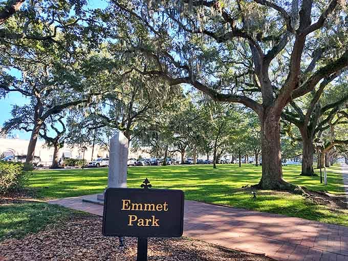Emmet Park's manicured lawns and towering oaks offer riverside relaxation with a side of maritime history.