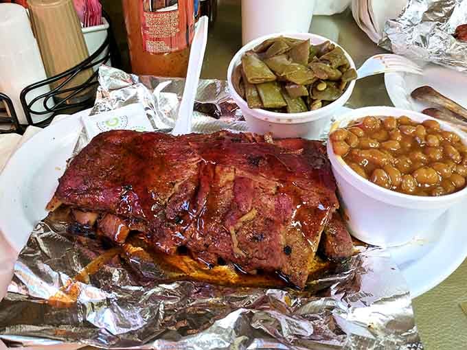 This is what happiness looks like when it arrives on a plate with green beans and baked beans.
