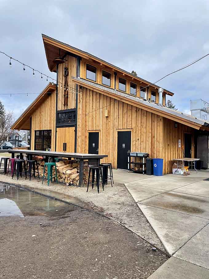 Modern mountain brewing meets rustic charm in a building that looks ready for both craft beer and campfire stories.