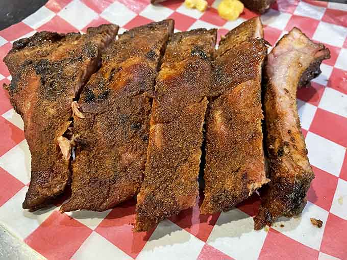 Ribs with a bark so beautiful it deserves its own portrait in the Louvre of Barbecue.