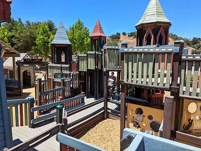 Even the playground equipment gets the fairy tale treatment, because regular slides are apparently too boring for this town.