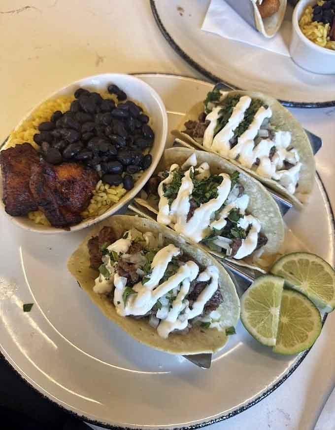 Grilled steak tacos with all the fixings prove this diner's range extends far beyond traditional American fare.