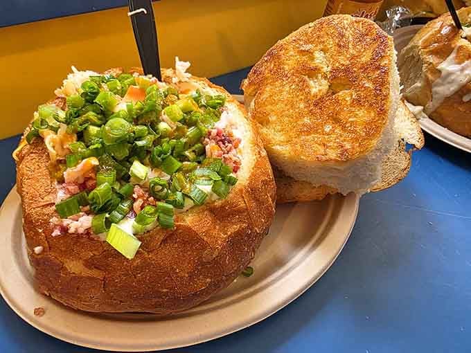 When they say "fully loaded," they mean business, bacon, cheese, and green onions join the chowder party.