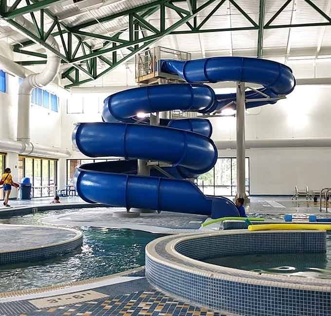 That blue spiral knows exactly where it's going, even if your stomach isn't quite sure it wants to follow.