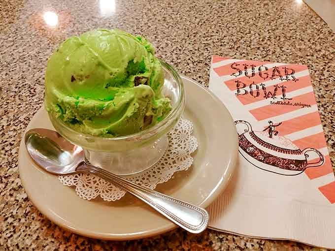 Pistachio ice cream so vibrant it looks like it escaped from a 1960s Technicolor dream sequence, deliciously so.