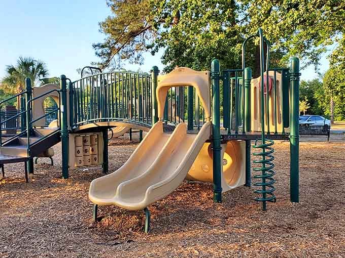 Modern playground equipment nestled among towering trees offers families the perfect blend of fun and shade.