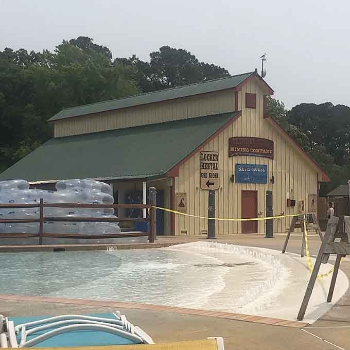 The bathhouse keeps that frontier aesthetic going strong, because even cowboys need somewhere to change into swimsuits.